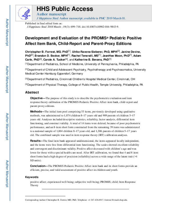 (PDF) Development and Evaluation of the PROMIS® Pediatric Positive ...