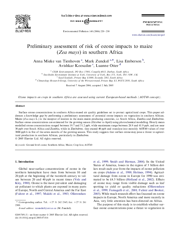 (PDF) Preliminary assessment of risk of ozone impacts to maize (Zea ...