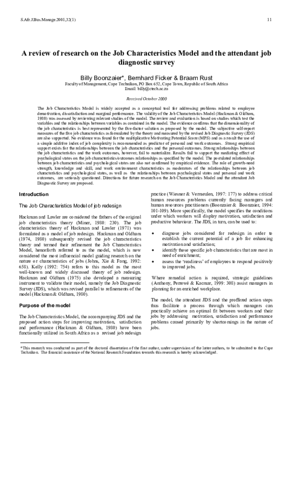 (PDF) A review of research on the Job Characteristics Model and the ...