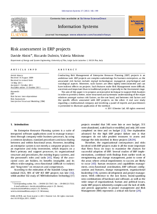 (PDF) Risk assessment in ERP projects | VALERIA MININNO - Academia.edu