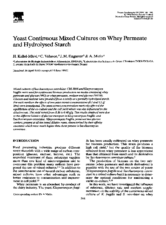 (PDF) Yeast continuous mixed cultures on whey permeate and hydrolysed ...