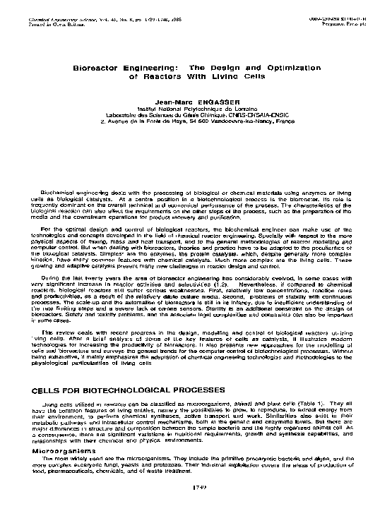 (PDF) Bioreactor engineering: The design and optimization of reactors with living cells