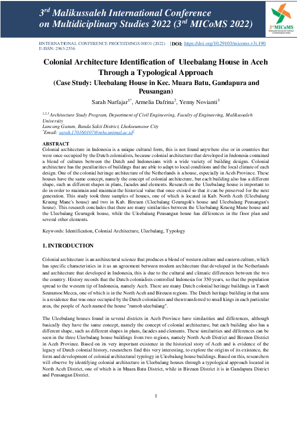 (PDF) Colonial Architecture Identification Of Uleebalang House In Aceh ...