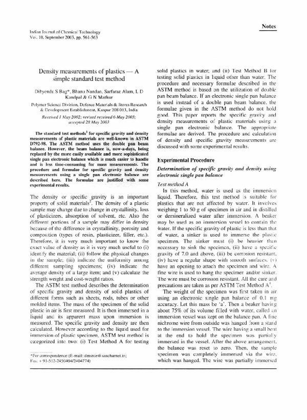 (PDF) Density measurements of plastics: A simple standard test method