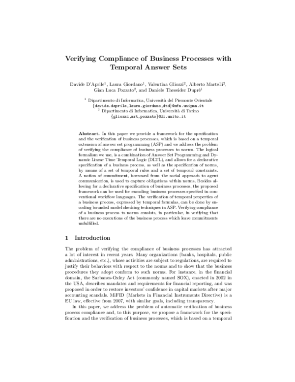 (PDF) Verifying Compliance of Business Processes with Temporal Answer Sets