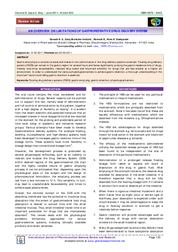 (PDF) AN OVERVIEW ON LIMITATIONS OF GASTRORETENTIVE DRUG DELIVERY ...