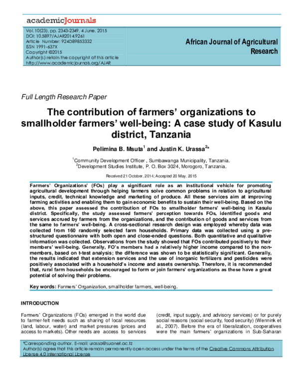 (PDF) The contribution of farmers organizations to smallholder farmers well-being: A case study ...