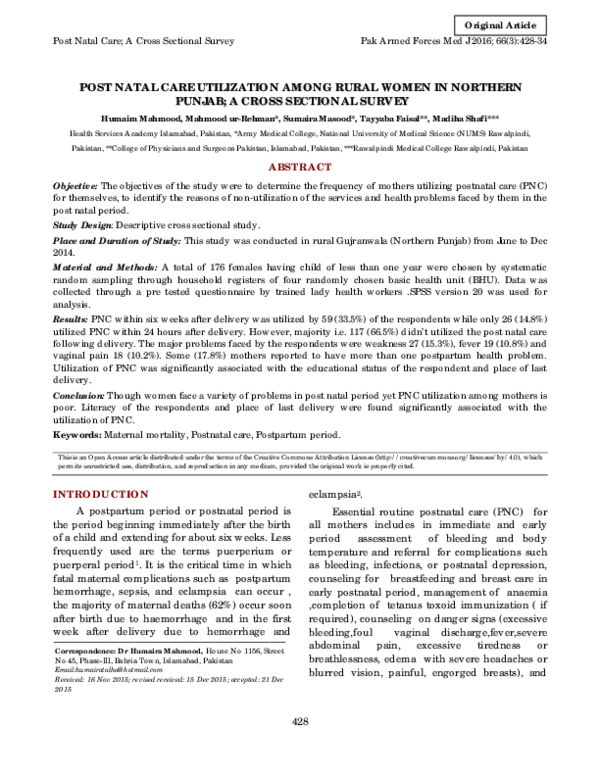 (PDF) Post Natal Care; A Cross Sectional Survey Pak Armed Forces Med