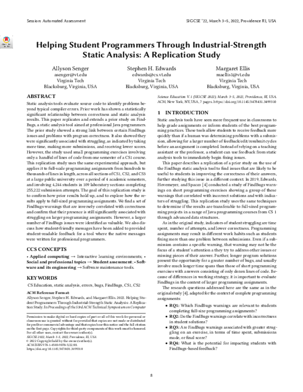 (PDF) Helping Student Programmers Through Industrial-Strength Static Analysis