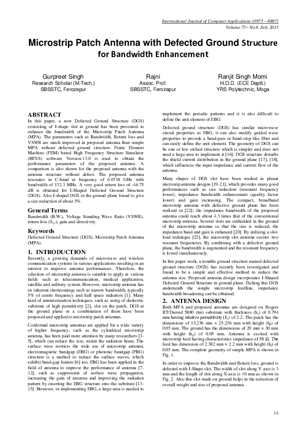 (PDF) Microstrip Patch Antenna with Defected Ground Structure for Bandwidth Enhancement