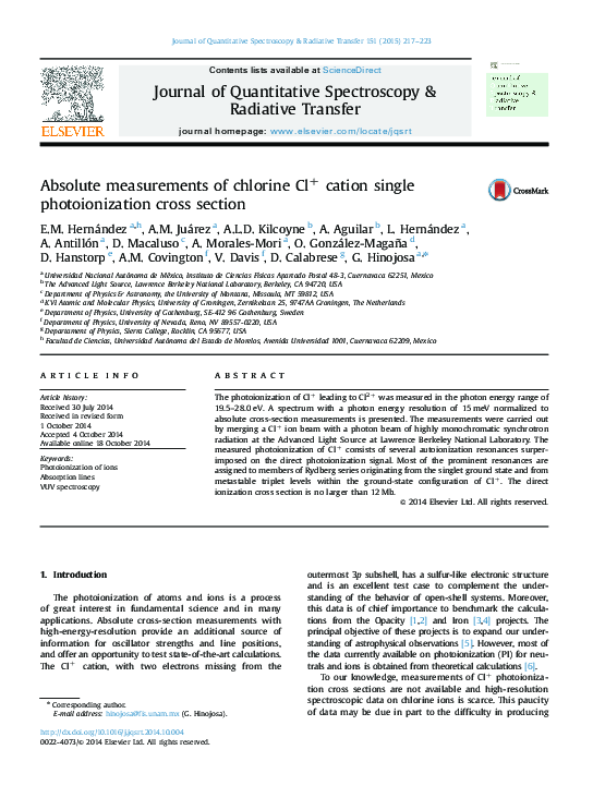 (PDF) Absolute measurements of chlorine Cl+ cation single ...