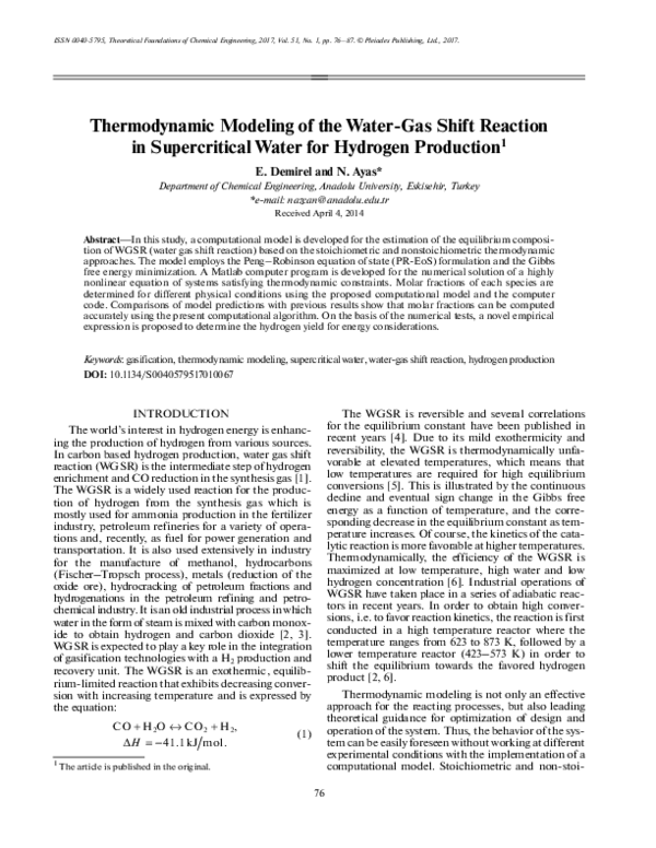 (PDF) Thermodynamic modeling of the water-gas shift reaction in ...