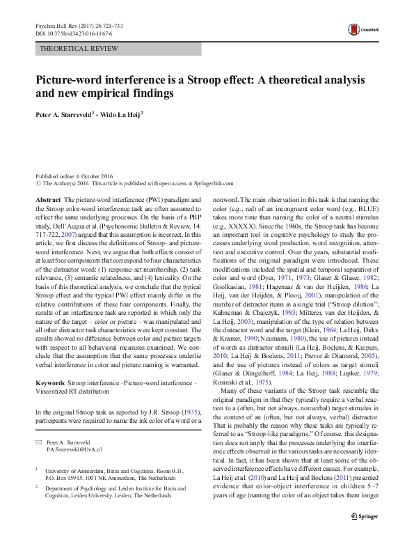 (PDF) Picture-word interference is a Stroop effect: A theoretical analysis and new empirical ...