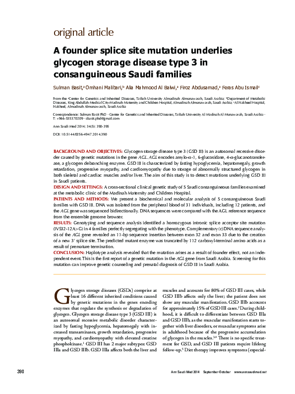 (PDF) A founder splice site mutation underlies glycogen storage disease ...
