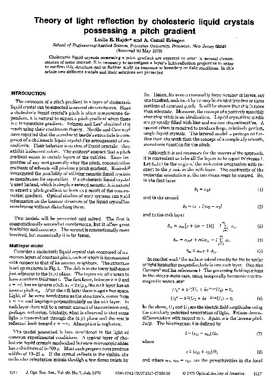 (PDF) Theory of light reflection by cholesteric liquid crystals ...