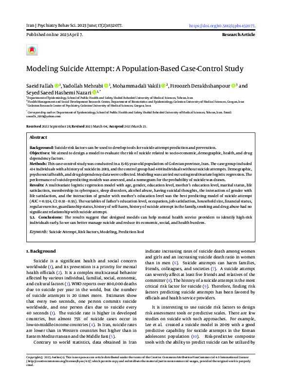 (PDF) Modeling Suicide Attempt: A Population-Based Case-Control Study