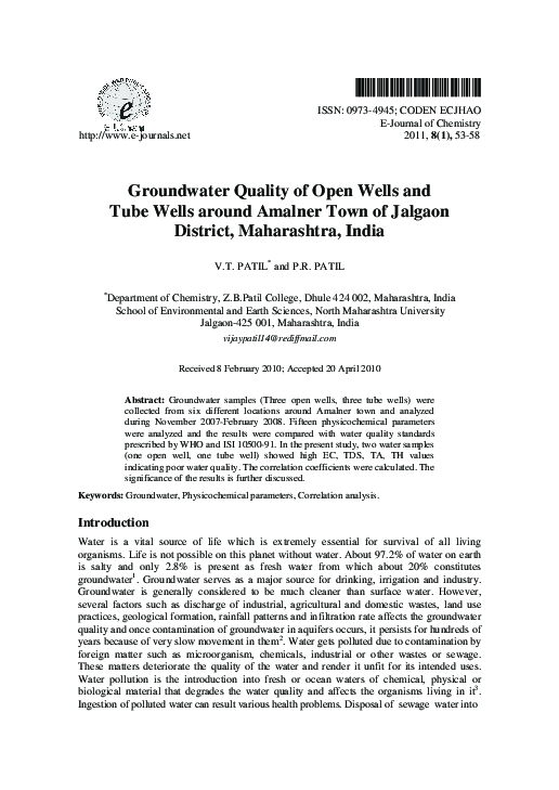 (PDF) Groundwater Quality of Open Wells and Tube Wells around Amalner ...