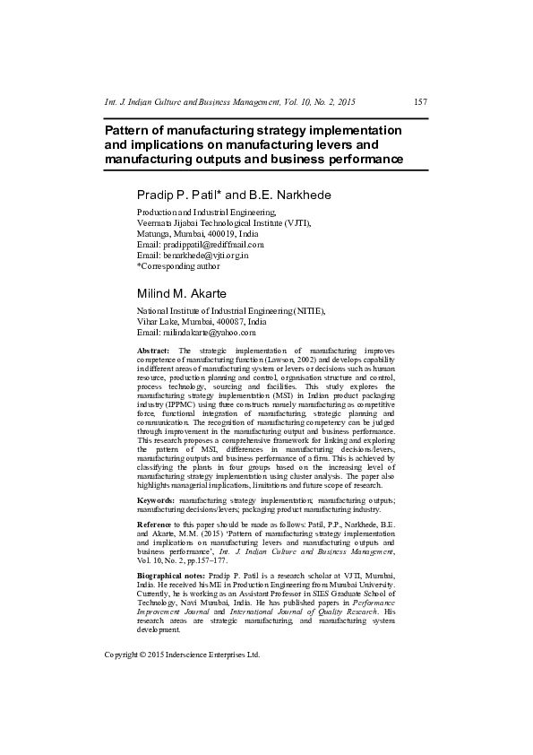 (PDF) Pattern of manufacturing strategy implementation and implications ...