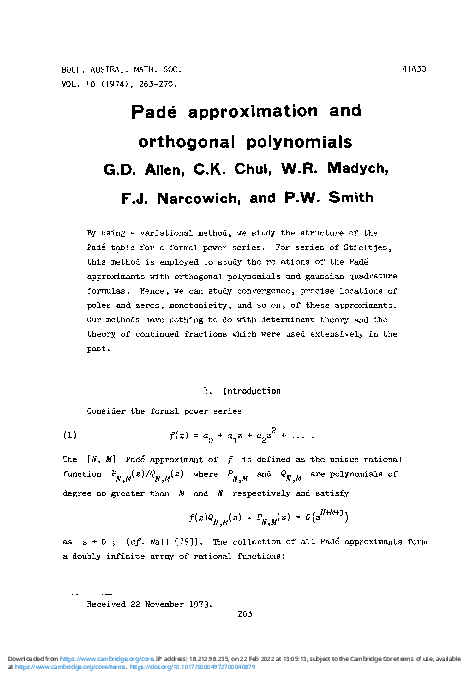 (PDF) Padé approximation and orthogonal polynomials