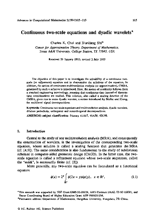 (PDF) Continuous two-scale equations and dyadic wavelets