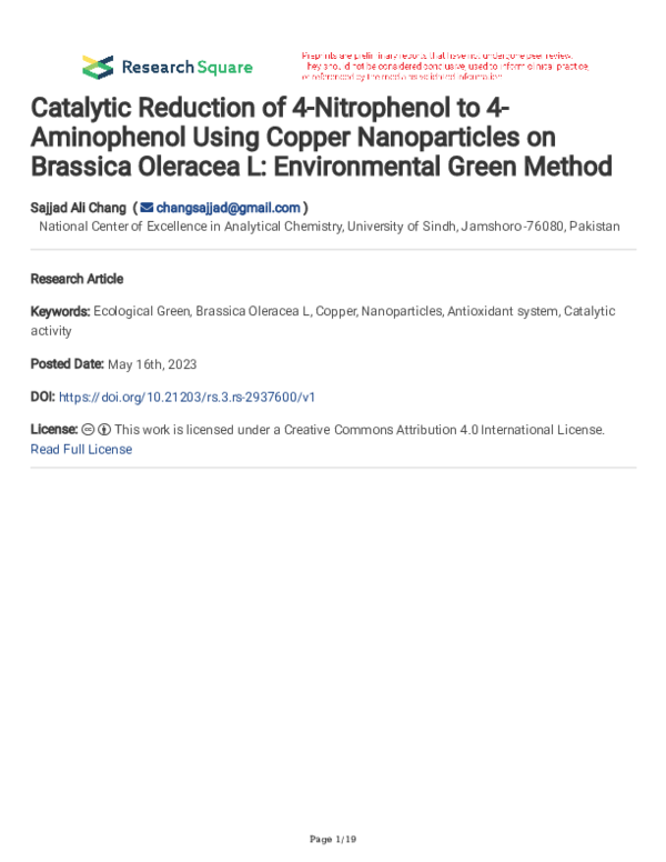 (PDF) Catalytic Reduction of 4-Nitrophenol to 4-Aminophenol Using ...