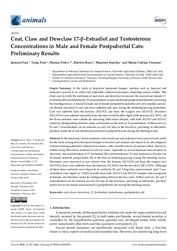 (PDF) Coat, Claw and Dewclaw 17-β-Estradiol and Testosterone ...