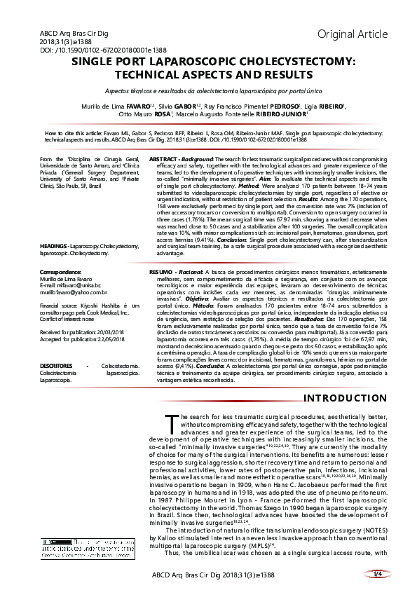 (PDF) Single Port Laparoscopic Cholecystectomy: Technical Aspects and Results
