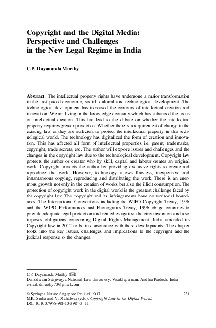 (PDF) Copyright and the Digital Media: Perspective and Challenges in ...
