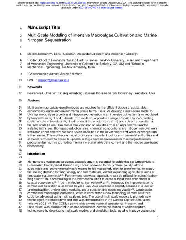 Pdf Multi Scale Modeling Of Intensive Macroalgae Cultivation And Marine Nitrogen Sequestration