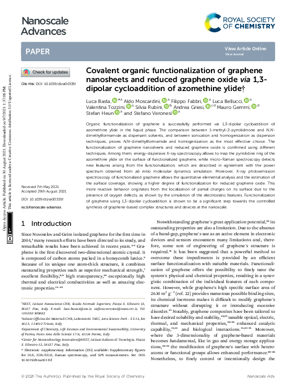 (PDF) Covalent organic functionalization of graphene nanosheets and reduced graphene oxide via 1 ...