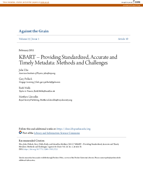 (PDF) KBART -- Providing Standardized, Accurate and Timely Metadata: Methods and Challenges