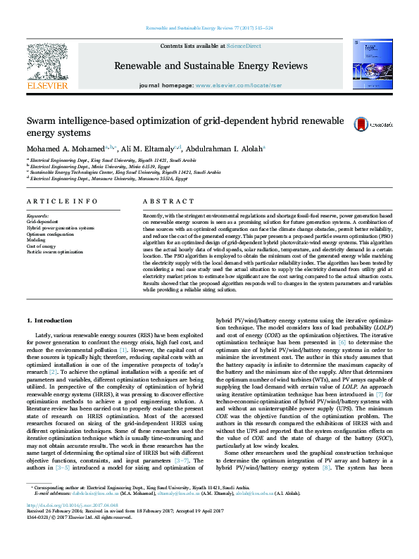 (PDF) Swarm intelligence-based optimization of grid-dependent hybrid ...