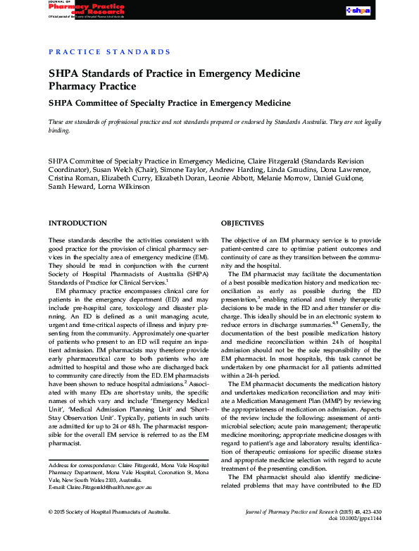 (PDF) SHPA Standards of Practice in Emergency Medicine Pharmacy Practice