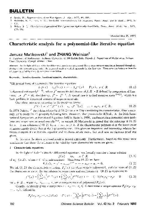 Pdf Characteristic Analysis For A Polynomial Like Iterative Equation