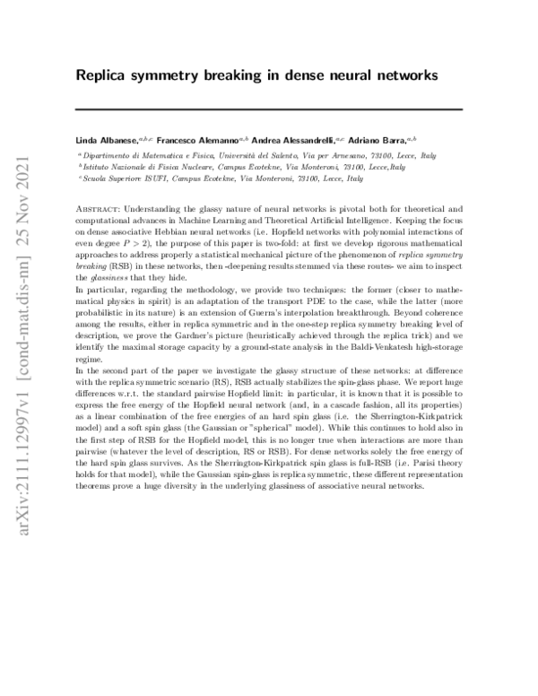 (PDF) Replica symmetry breaking in dense neural networks