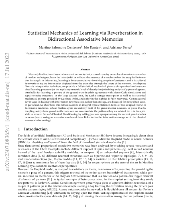 (PDF) Statistical Mechanics of Learning via Reverberation in Bidirectional Associative Memories