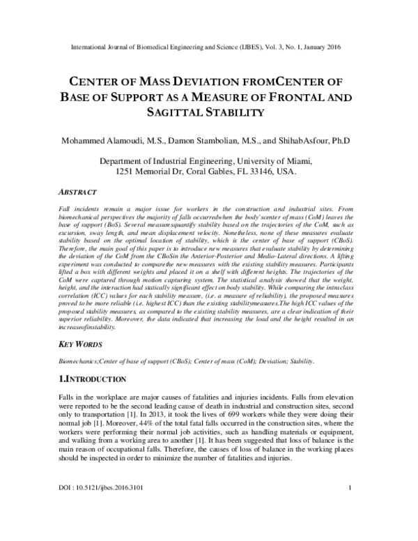 (PDF) Center of Mass Deviation from Center of Base of Support as a Measure of Frontal and ...