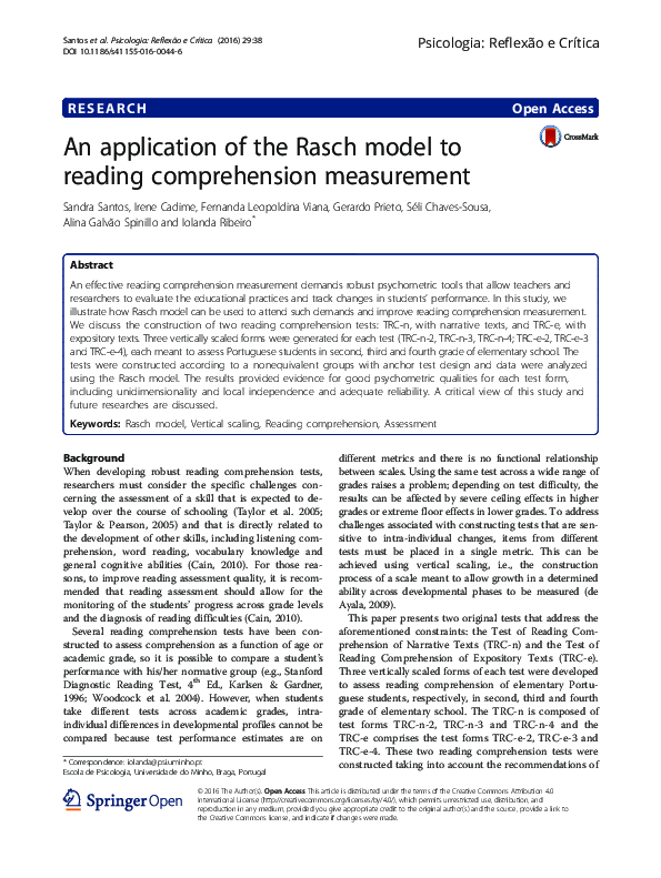 (PDF) An application of the Rasch model to reading comprehension measurement