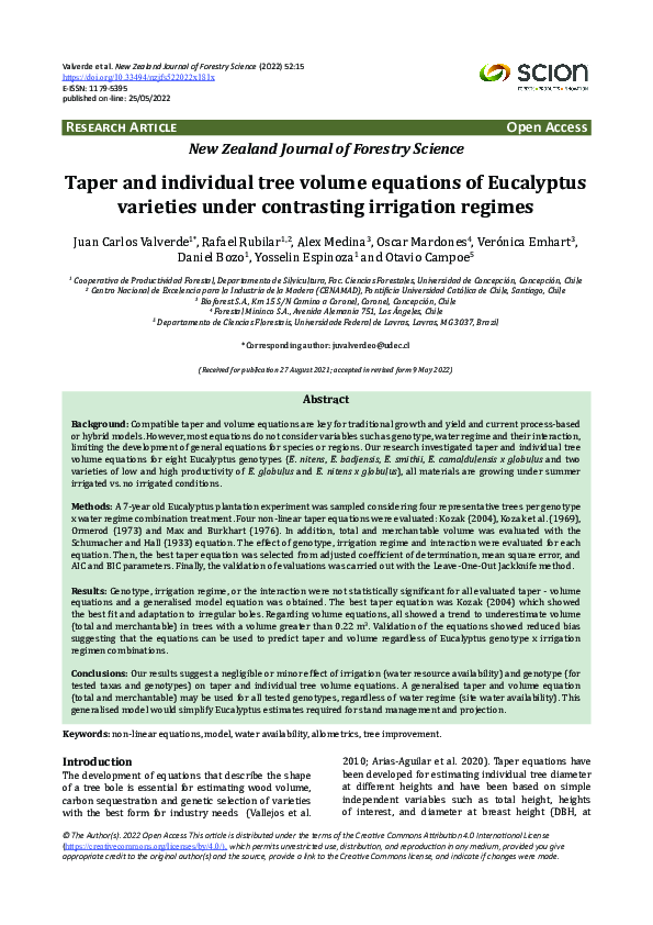 (PDF) Taper and individual tree volume equations of Eucalyptus varieties under contrasting ...