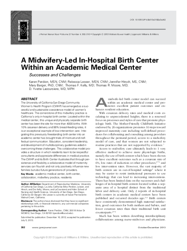 (PDF) A Midwifery-Led In-Hospital Birth Center Within an Academic ...