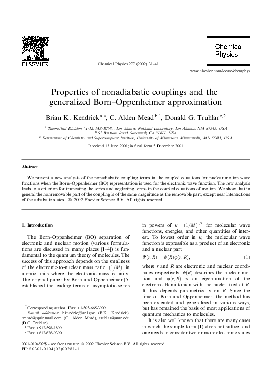 (PDF) Properties of nonadiabatic couplings and the generalized Born–Oppenheimer approximation ...