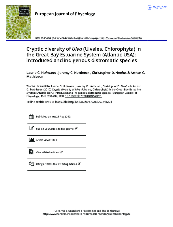 (PDF) Cryptic diversity of Ulva (Ulvales, Chlorophyta) in the Northwest Atlantic: Introduced and ...