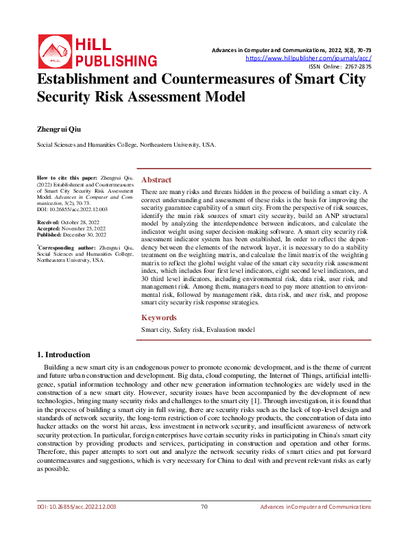 (PDF) Establishment and Countermeasures of Smart City Security Risk Assessment Model | Zhengrui ...