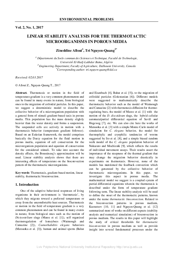 (PDF) Linear stability analysis for the thermotactic microorganisms in porous media | TRI NGUYEN ...