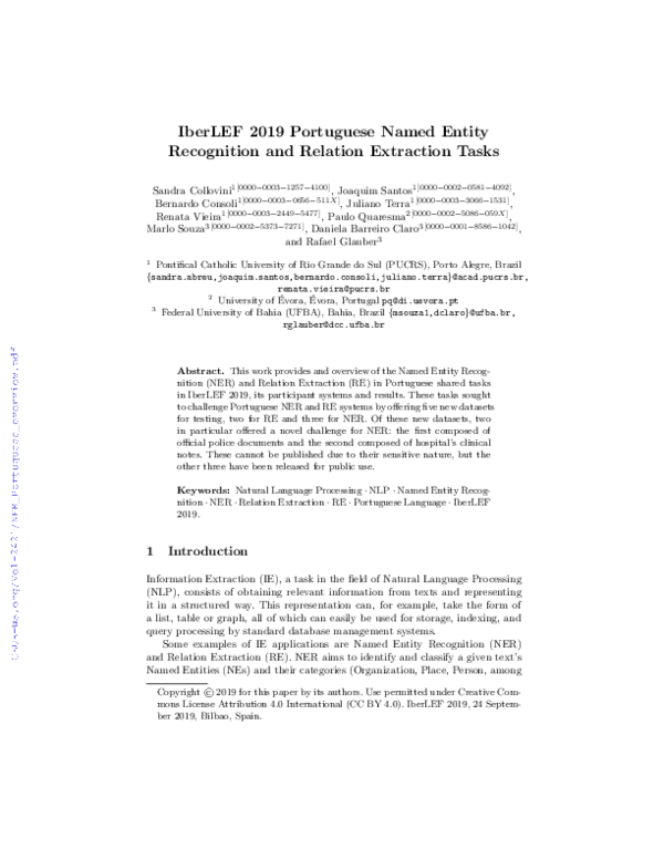 (PDF) IberLEF 2019 Portuguese Named Entity Recognition and Relation ... (PDF) IberLEF 2019 Portuguese Named Entity Recognition and Relation ...