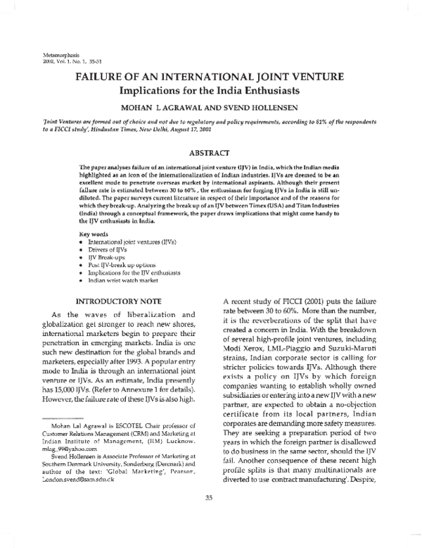 (PDF) Failure of an International Joint Venture: Implications for the ...