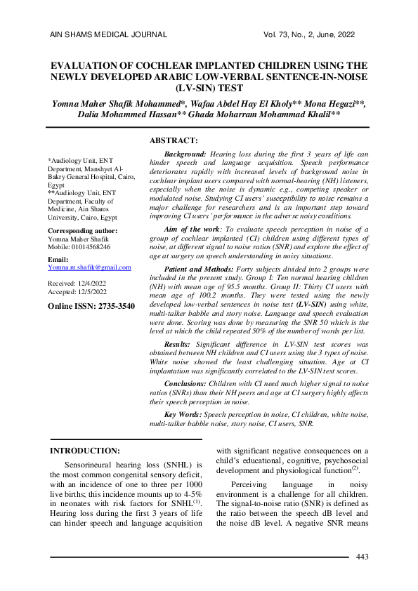 (PDF) Evaluation of Cochlear Implanted Children Using the Newly ...