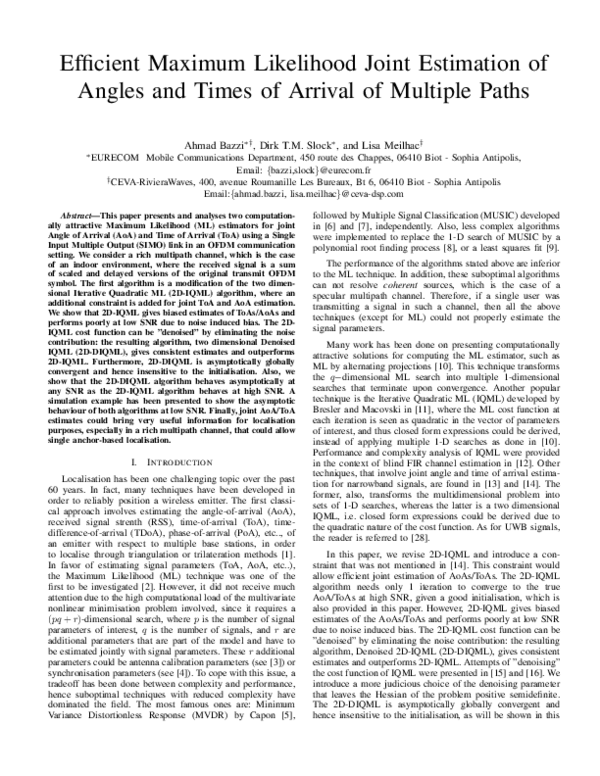 Pdf Efficient Maximum Likelihood Joint Estimation Of Angles And Times Of Arrival Of Multiple Paths