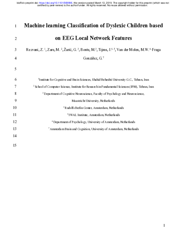 (PDF) Machine learning Classification of Dyslexic Children based on EEG Local Network Features ...