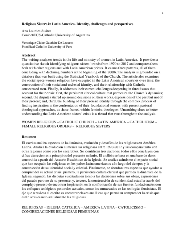 (PDF) Religious Sisters in Latin America. Identity, Challenges, and ...